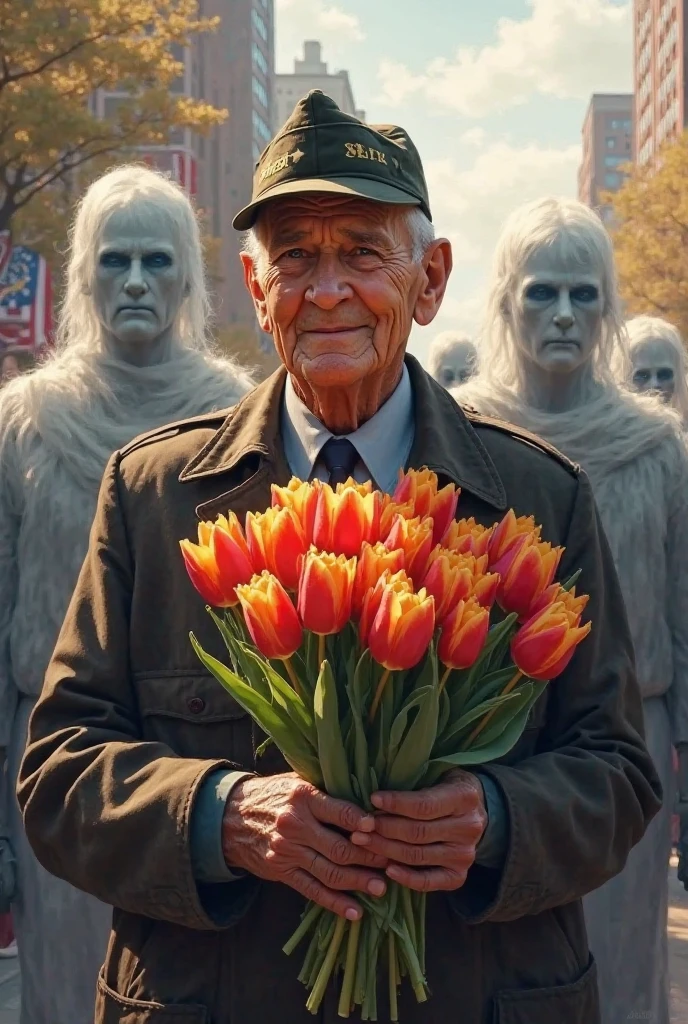 congratulates a World War II veteran at the parade with a huge bouquet ...