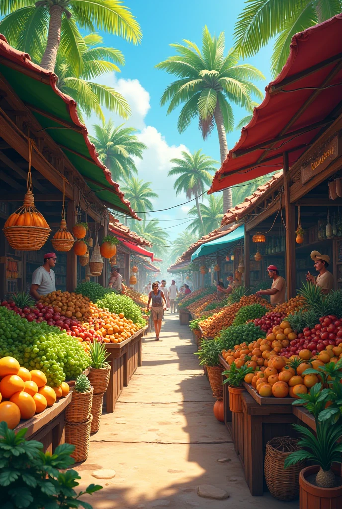 An image depicting a colorful tropical market with fresh fruits and ...