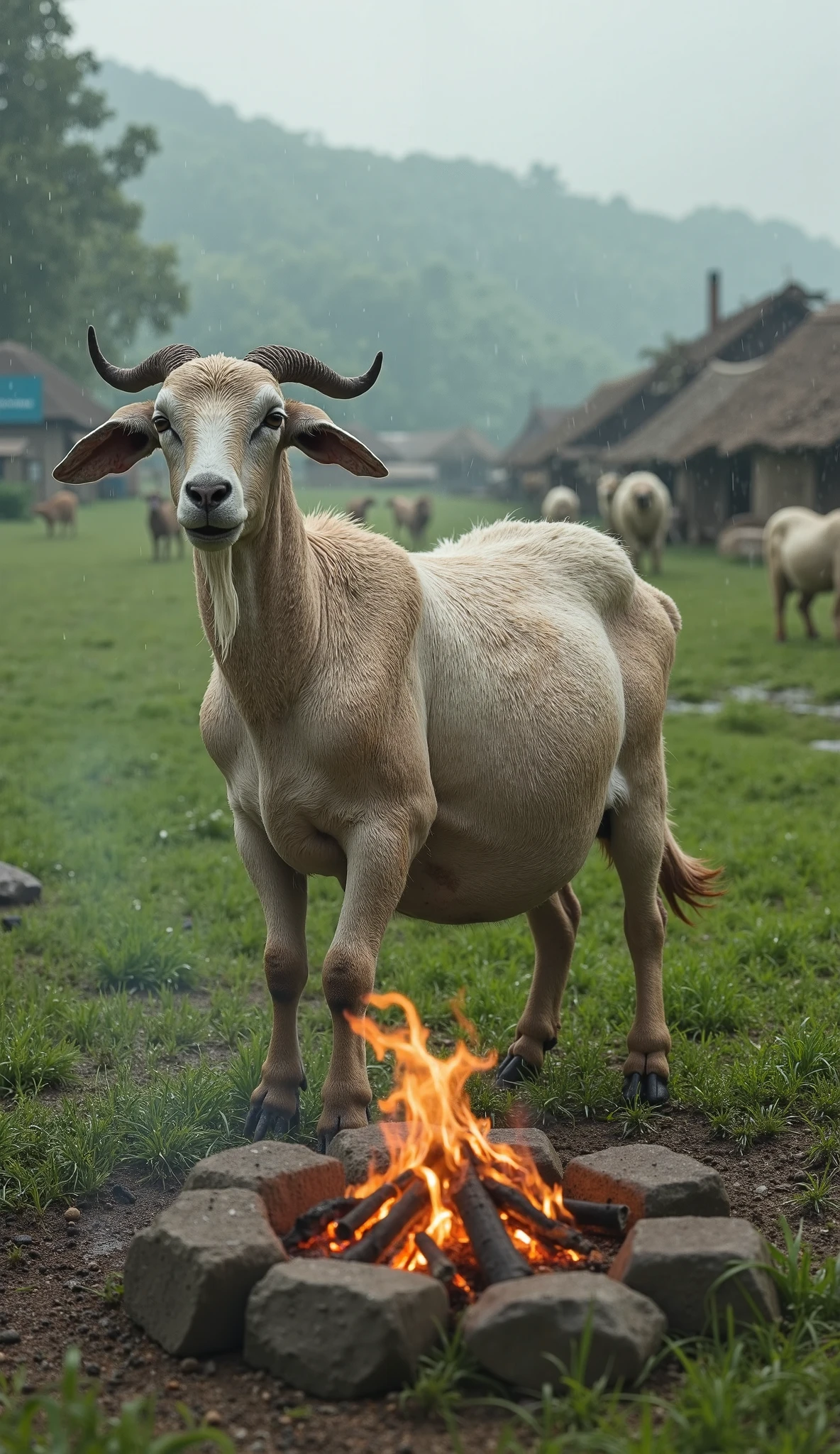 There is a goat that is standing next to a fire - SeaArt AI