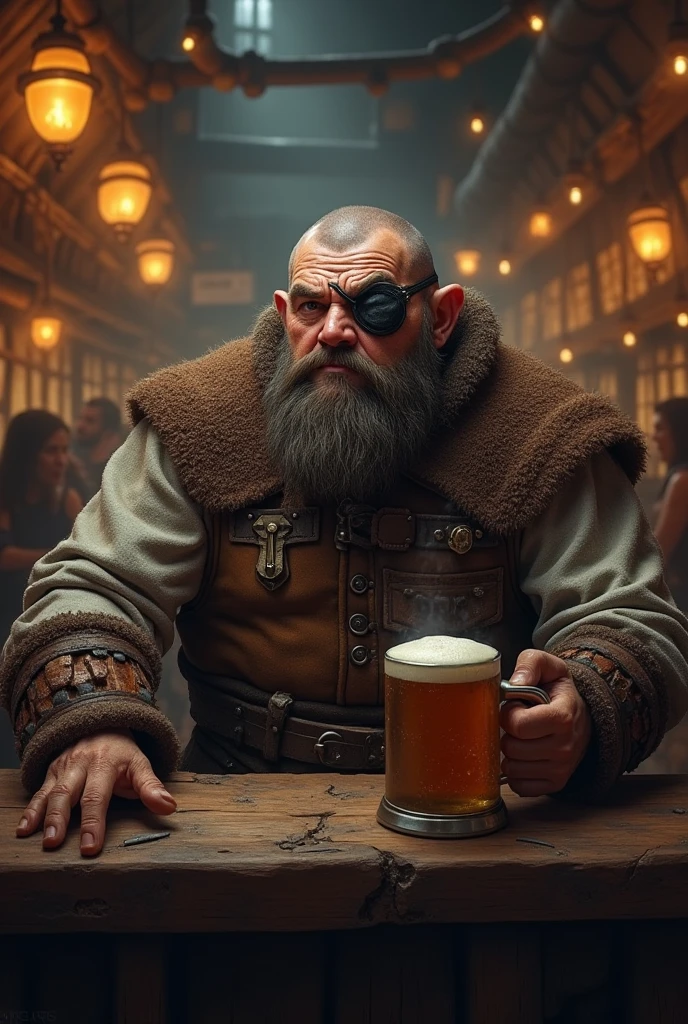 A dwarf innkeeper with one eye patch and grim - SeaArt AI