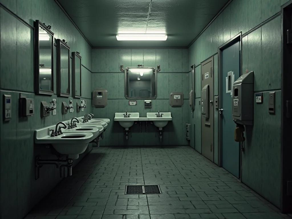 A public restroom, detailed interior, dimly lit, tiled floors - SeaArt AI