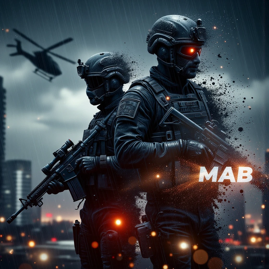 Double exposure style prospect: the name "MAB" with black ops conbat ...