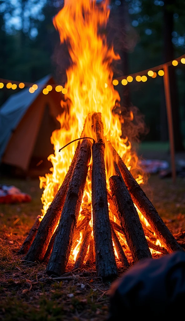 A large bonfire dominates the image, centered in the frame, with ...