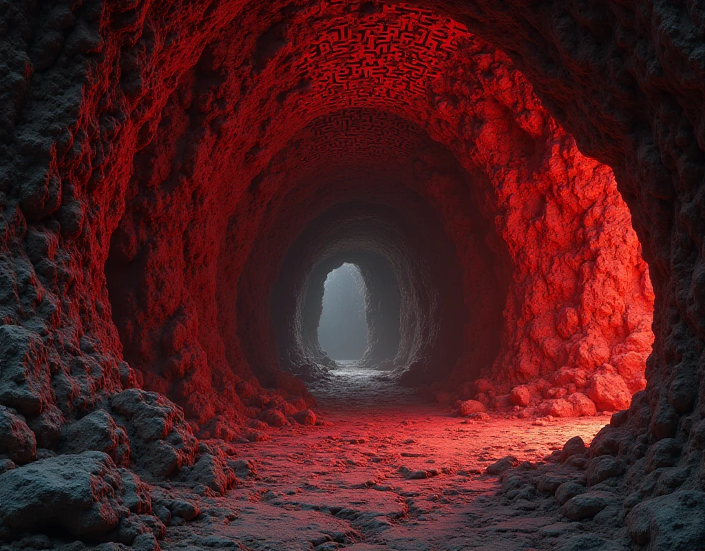 A deep underground cave wall with many ancient red runes carved into it ...