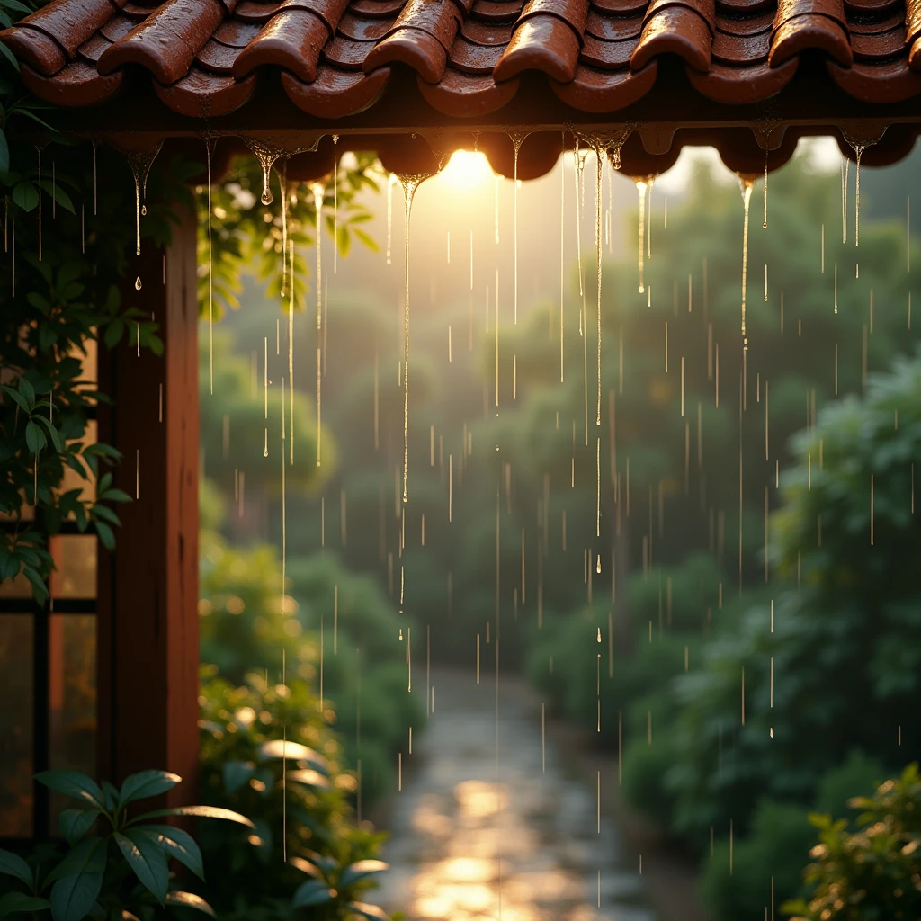 Raindrops dripping from the clay roof, masterpiece, award winning ...