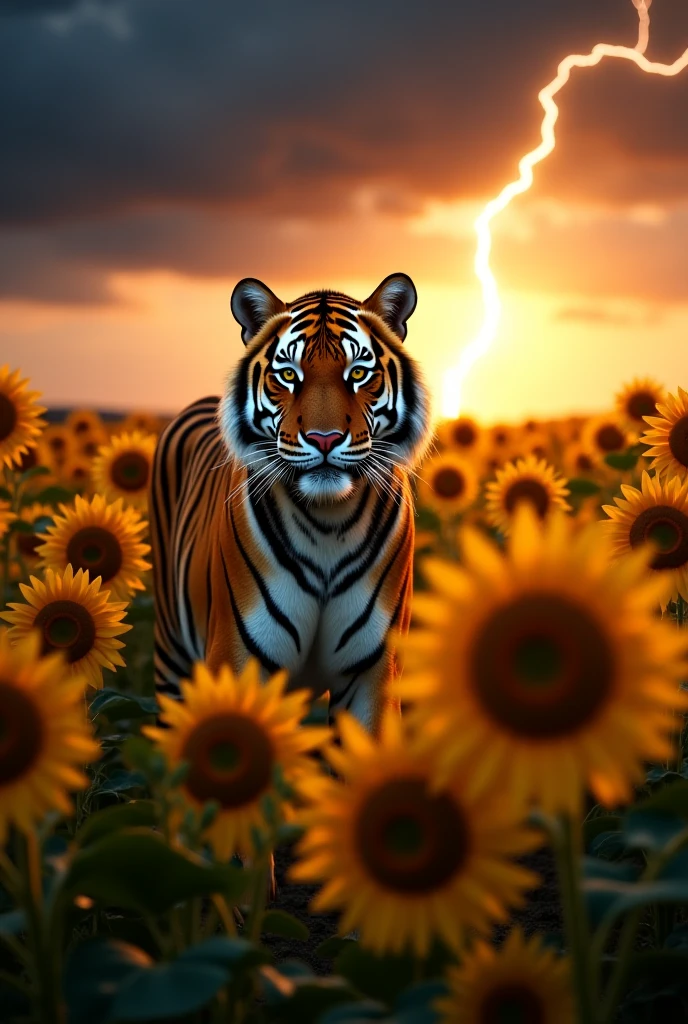 The Bengal tiger stands tall in a sunflower field as the sun sets ...