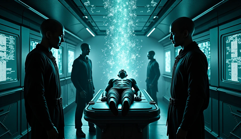 A dimly lit, futuristic laboratory aboard the alien ship, with strange ...