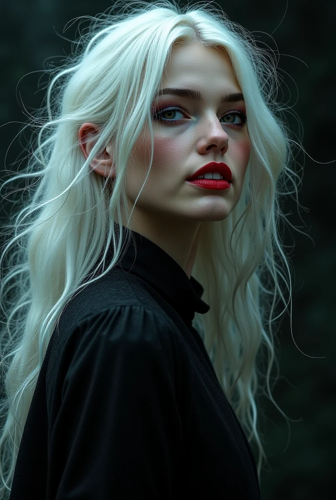 A beautiful British Vampire lady with White Long messy white hair and a ...