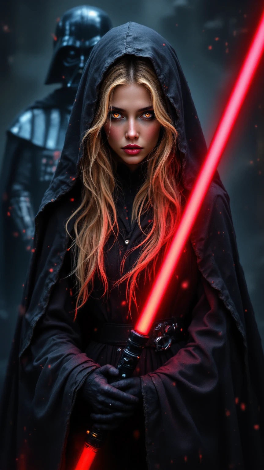 A seductively threatening Sith girl From the Star Wars universe stands ...