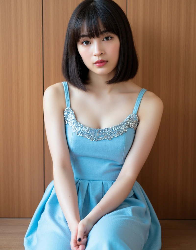 The image is a portrait of a young woman named Suzu sitting on a wooden bench - SeaArt AI