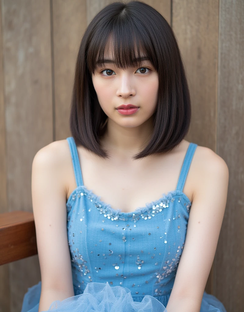 The image is a portrait of a young woman named Suzu sitting on a wooden bench - SeaArt AI