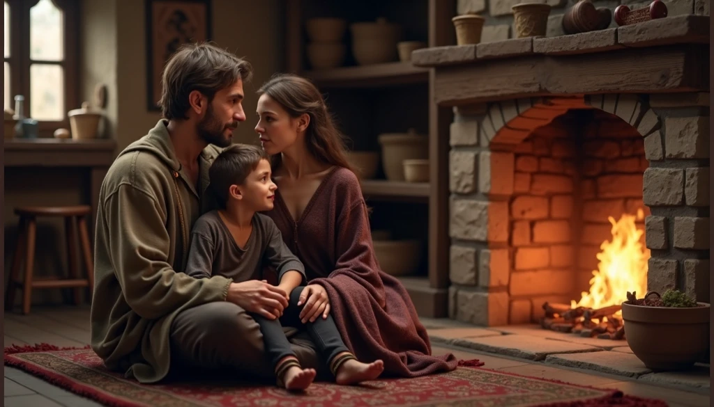 A realistic medieval family are cuddling in their home in front of a ...