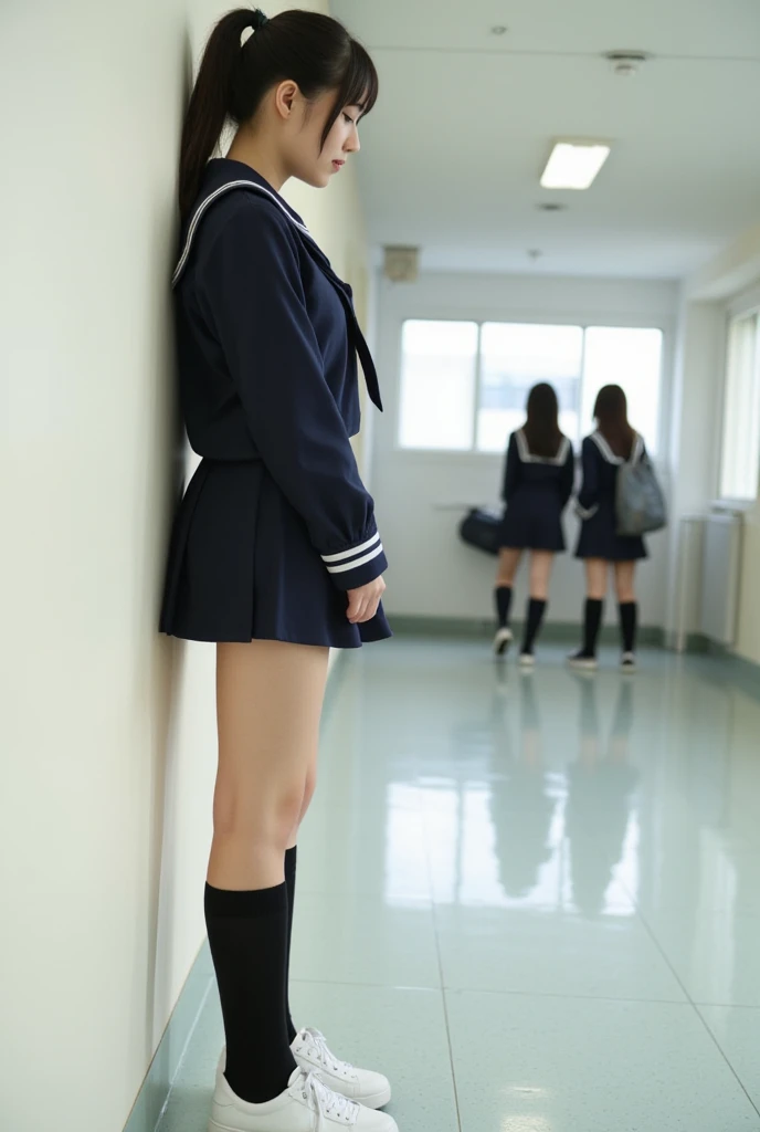 Japanese female student、Height: 160cm Stand by the wall in the school ...