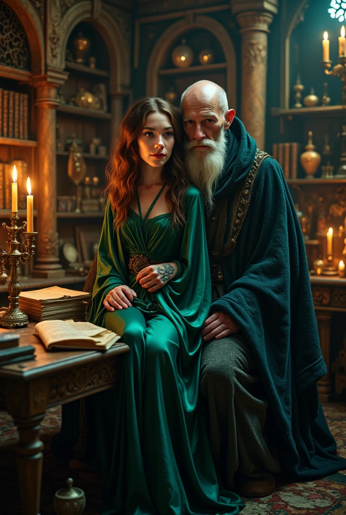 A young, raven-haired sorceress sits atop the cluttered desk of her ...