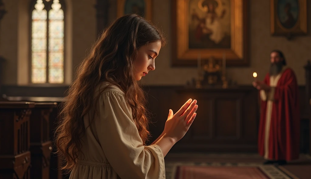 Juana, a girl with long brown hair, medieval France, wearing a modest ...
