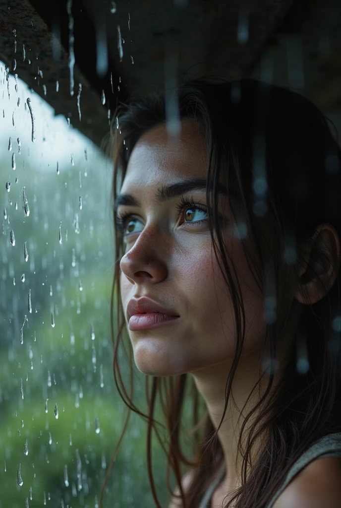 A heavy rain pours down as the camera focuses on a view from above the ...