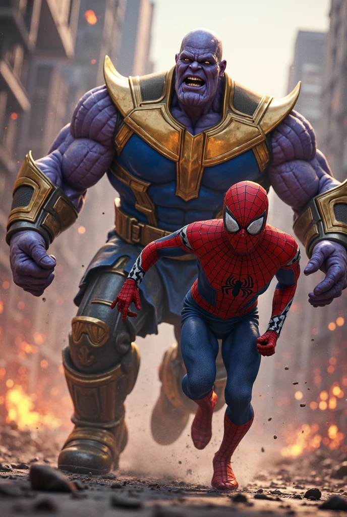 Angry Thanos running after Spider-Man trying to catch him, both with a ...