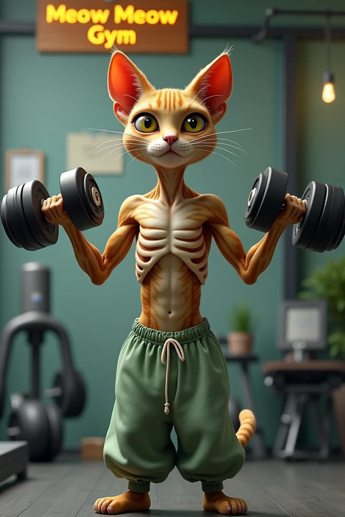 "A skinny, anthropomorphic cat is lifting dumbbells at the gym - SeaArt AI