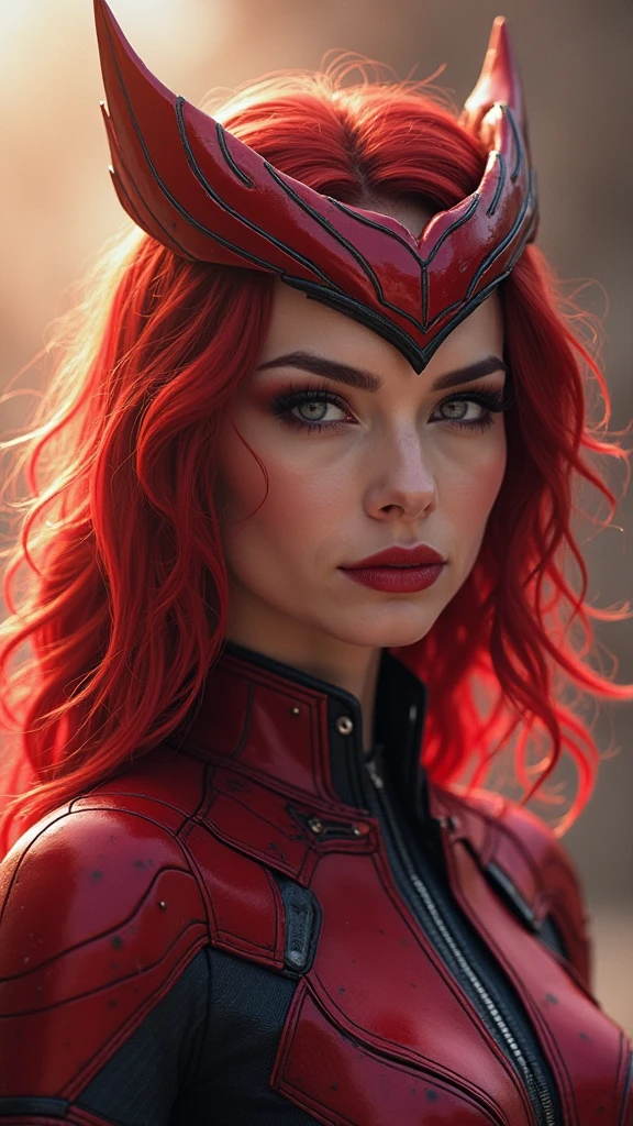 Create a red m-shaped diadem with lines on the forehead and head that ...