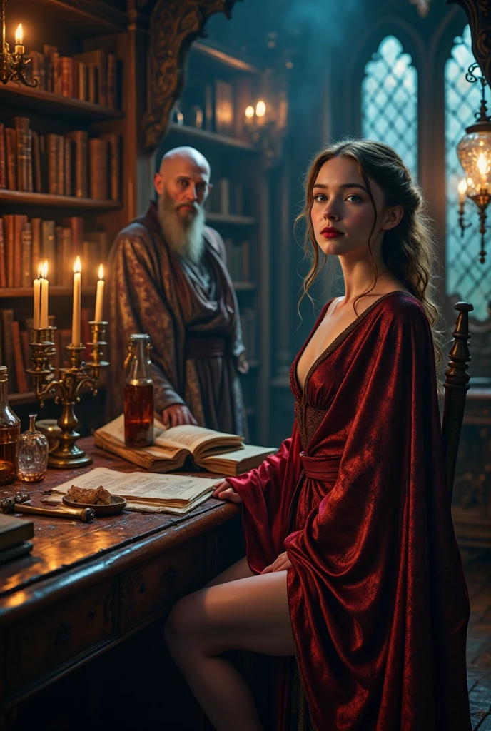 The dimly lit chamber of an ancient mage's tower is filled with dusty ...