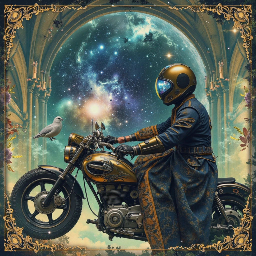 Painting of a man facing forward on a motorcycle wearing a blue - SeaArt AI