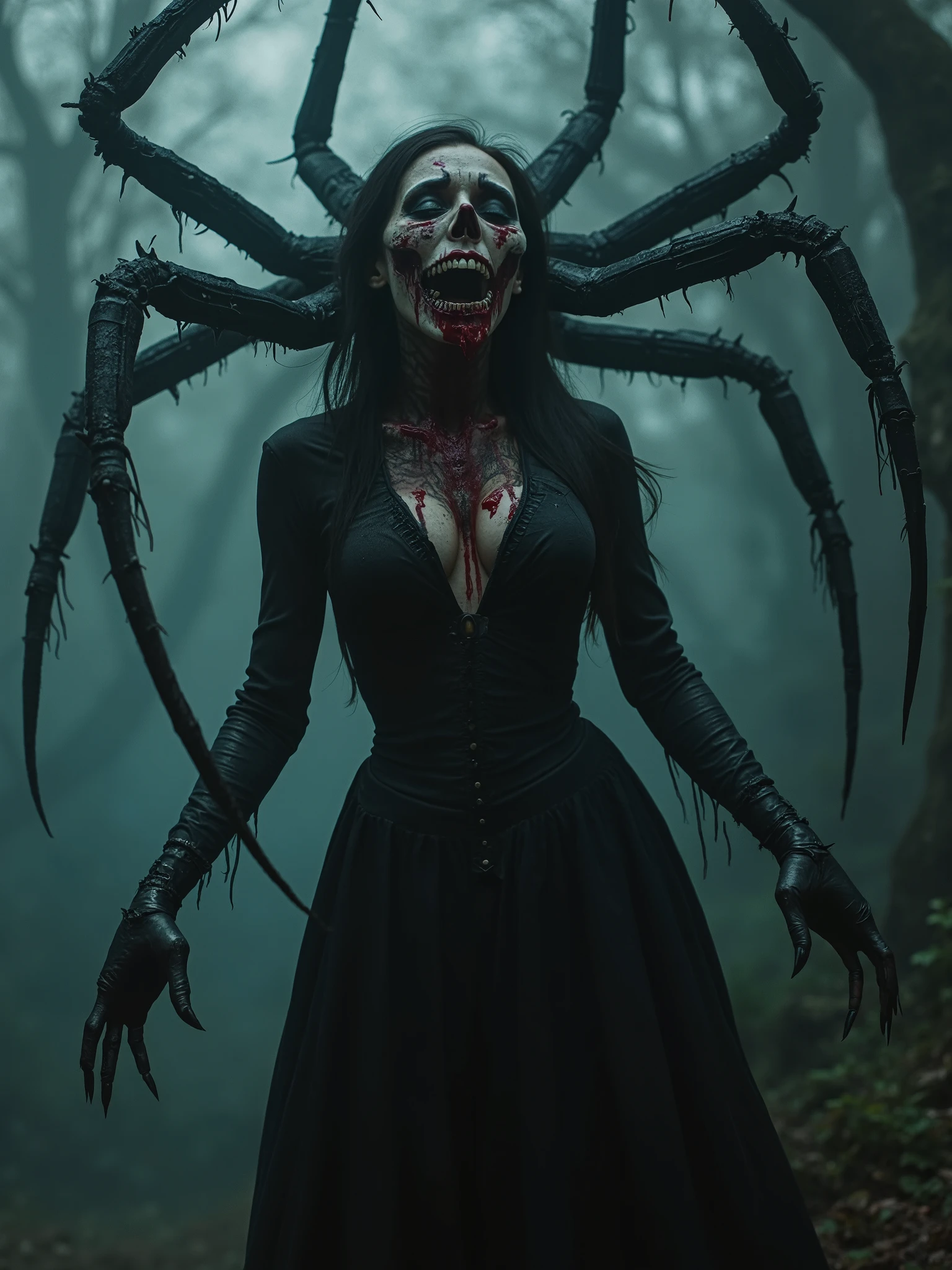 Arafed woman in a black dress with a spider on her head - SeaArt AI
