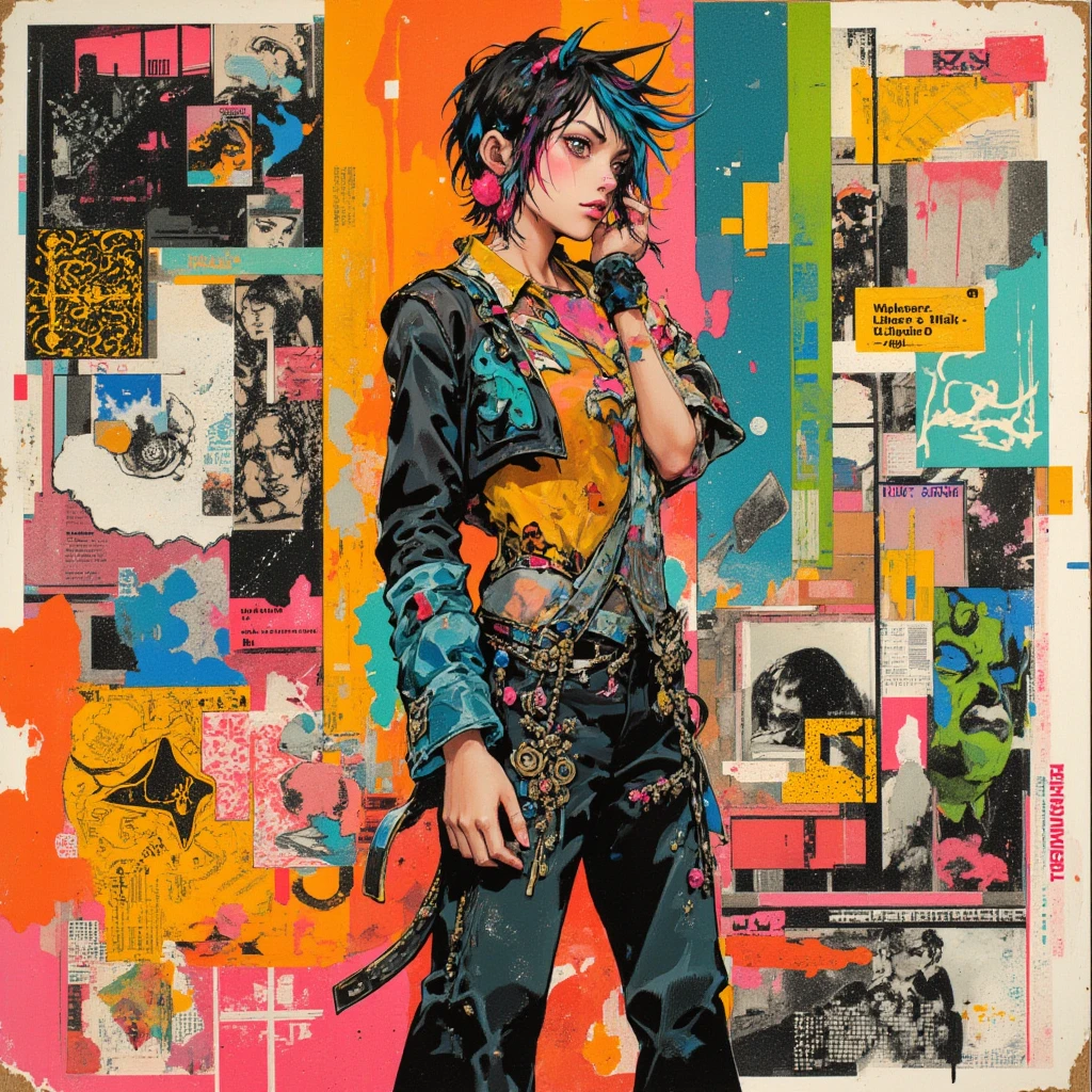 Girl 、punk fashion、stylish、 collage、dynamic composition、album artwork ...