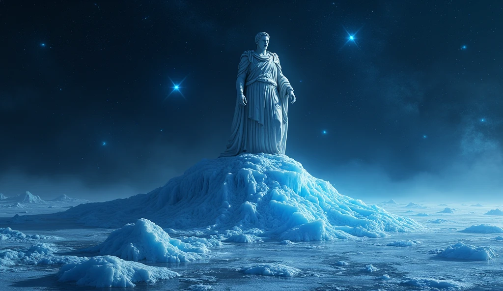 A floating ice island drifting through space, covered in frost and ...