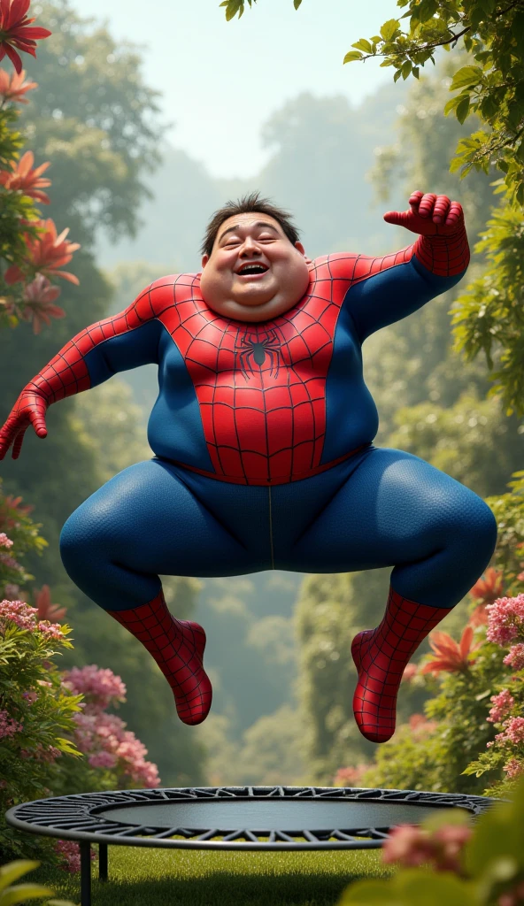 Spider-Man a very fat and smiling man jumping off a trampoline - SeaArt AI