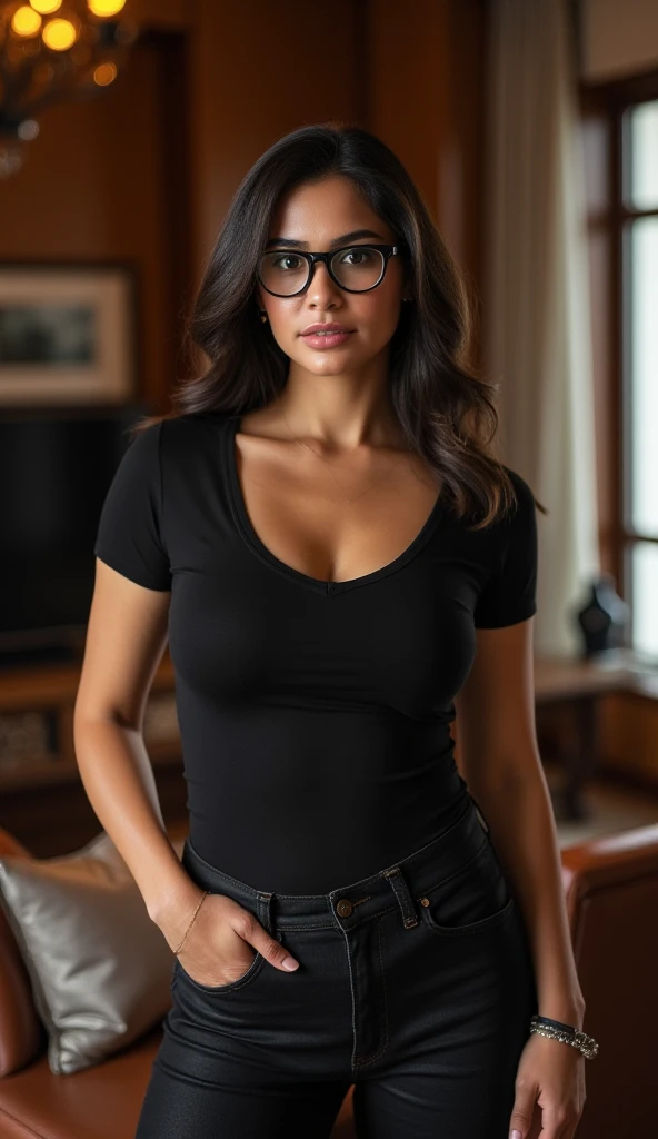A close up of a woman wearing glasses and a black bra top - SeaArt AI