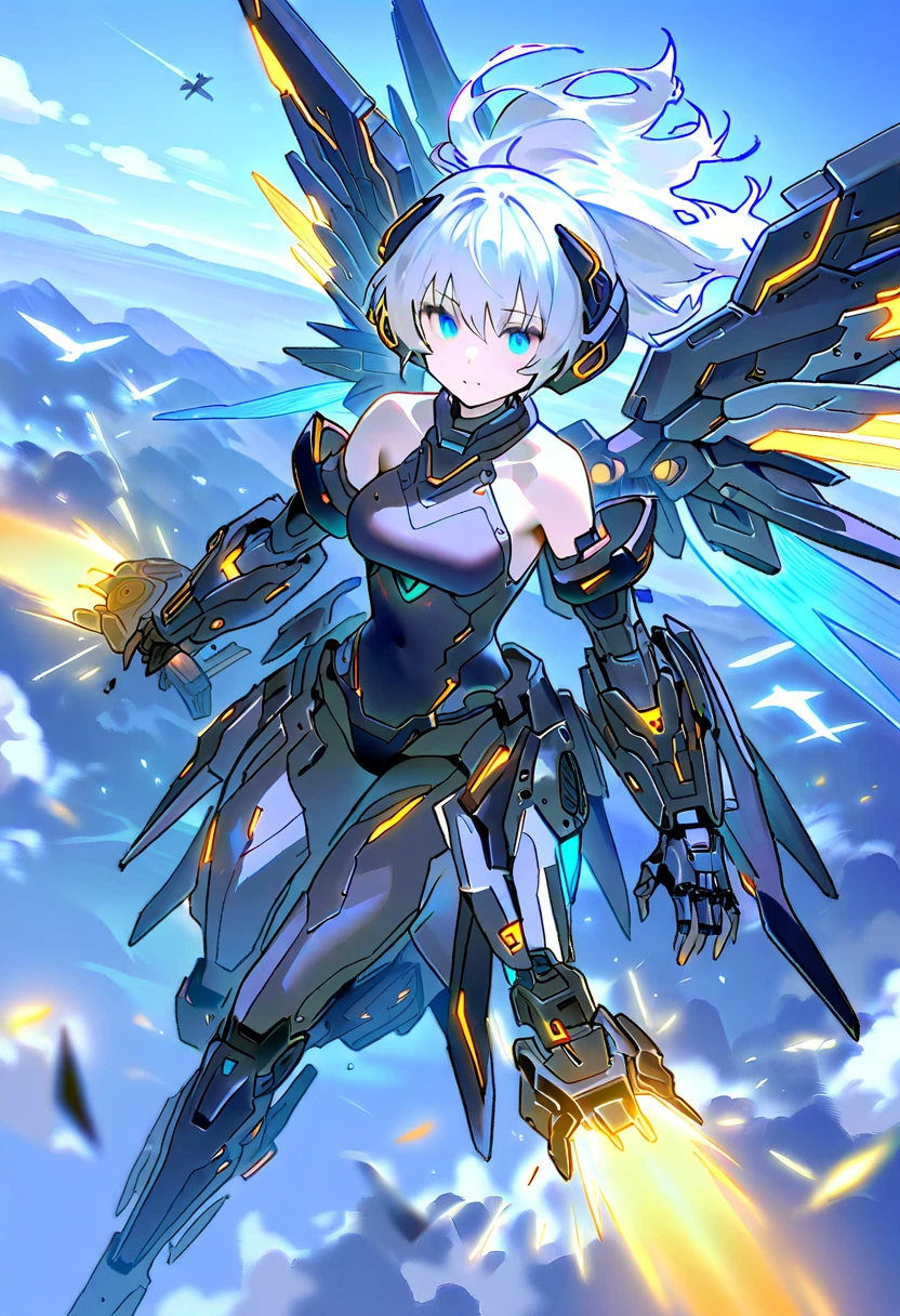 Anime girl with wings flying in the sky with a jet - SeaArt AI