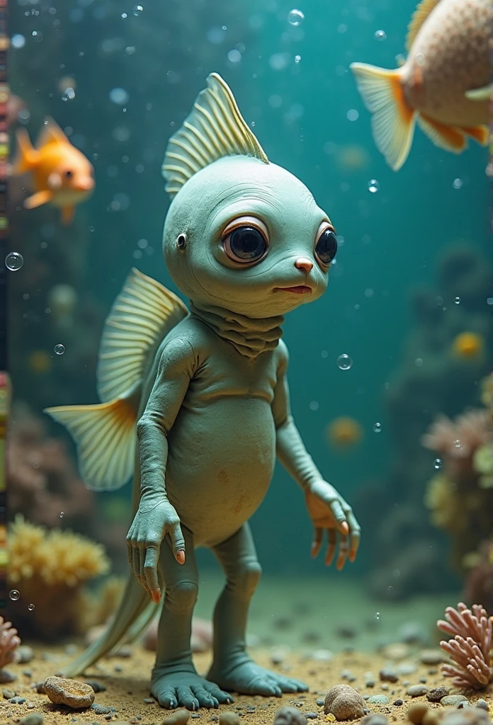 “A surreal and slightly eerie aquarium scene featuring a small humanoid ...