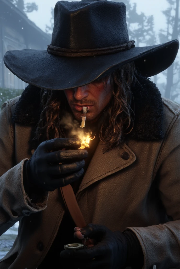 **Pose:** Gabriel lights a cigarette, holding a match close to his face ...