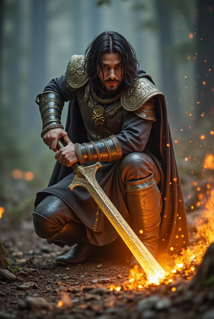 A fierce male warrior crouched low stand , gripping a long, ornate ...