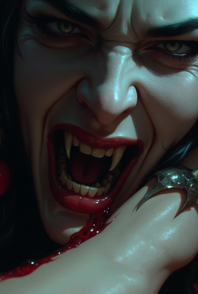 A vampire feeding and a victim's neck - SeaArt AI