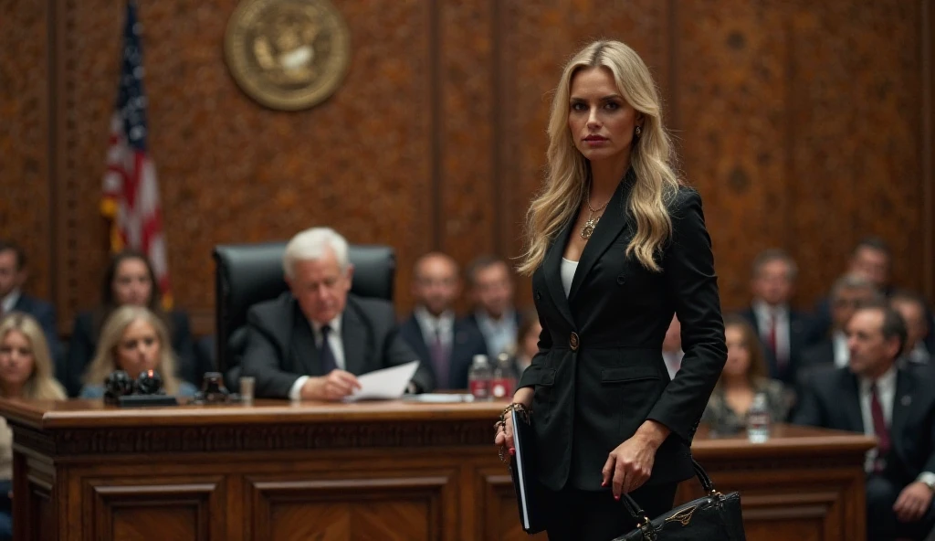 A confident female attorney with blonde hair, dressed in a sharp black ...