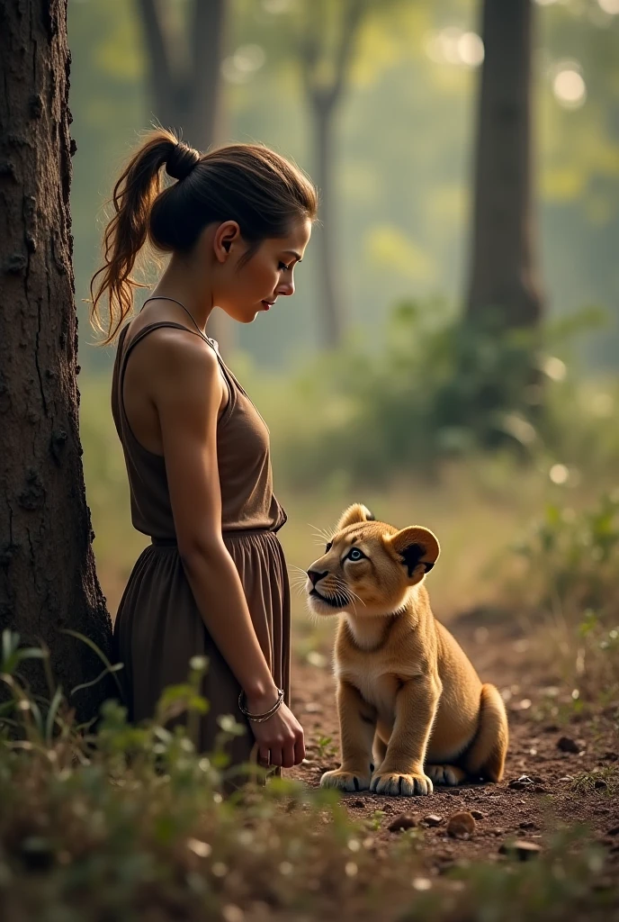 A woman named Sarah discovering a lost lion cub in the jungle - SeaArt AI