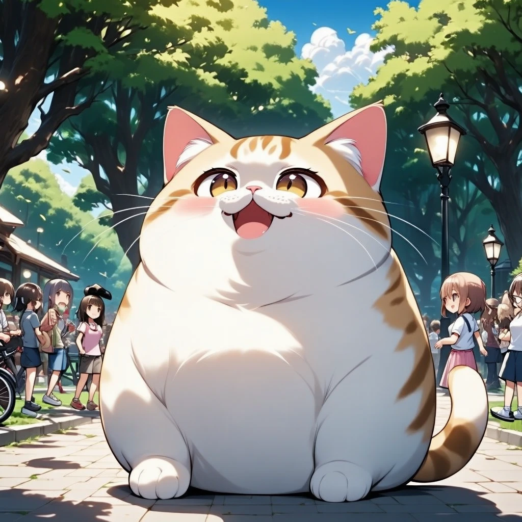 Detailed anime, dramatic scene, perfect anatomy, a giant fat cat is ...