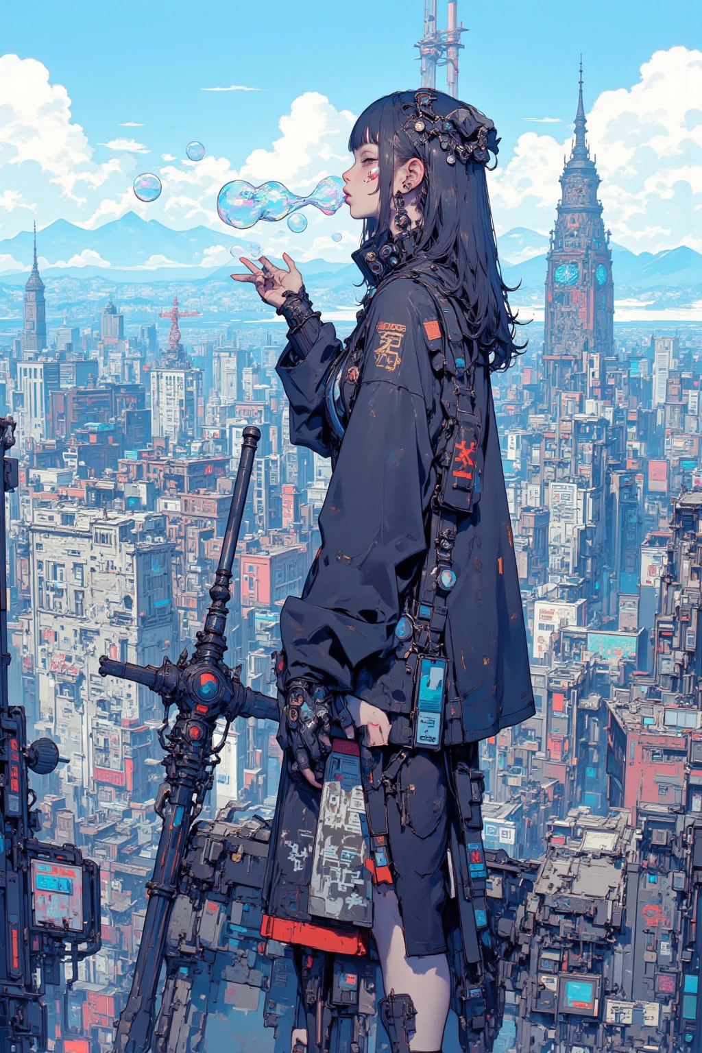 A woman blowing soap bubbles on top of a tower overlooking the city ...