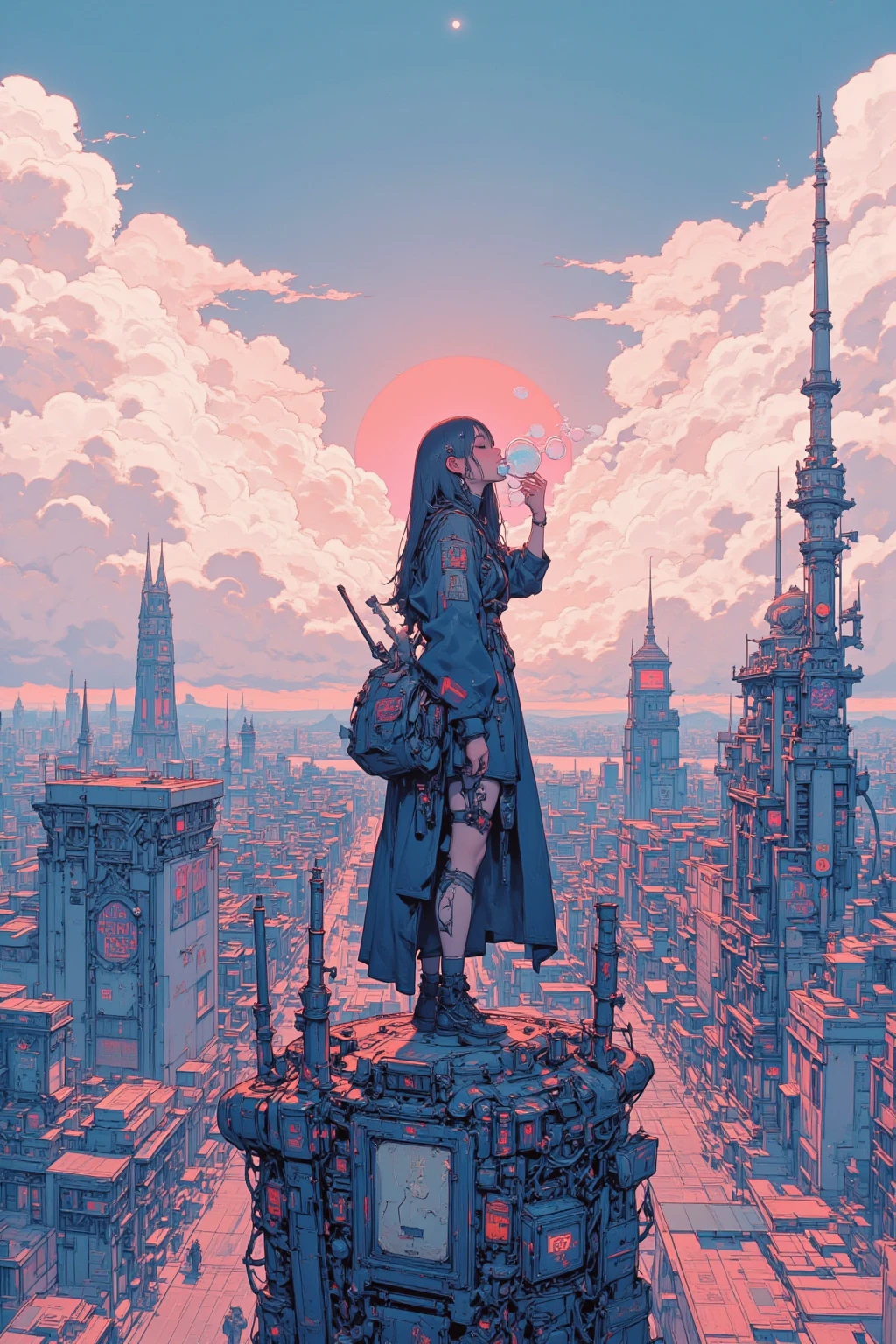 A woman blowing soap bubbles on top of a tower overlooking the city ...