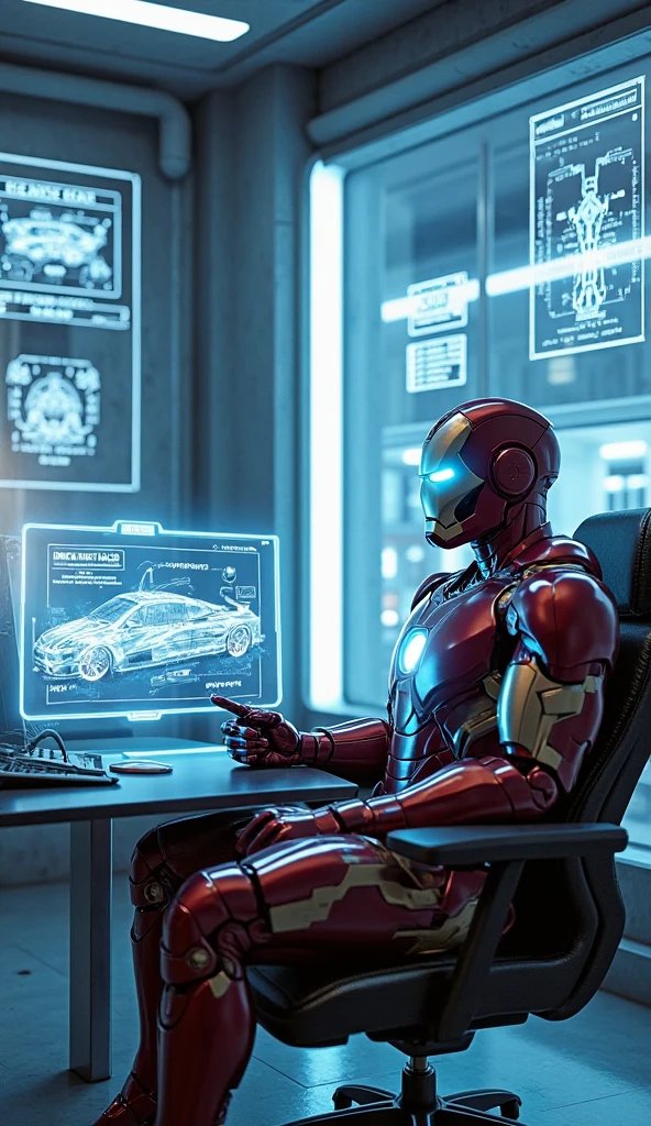 Iron Man sits inside his high-tech lab, deep in thought. His glowing ...