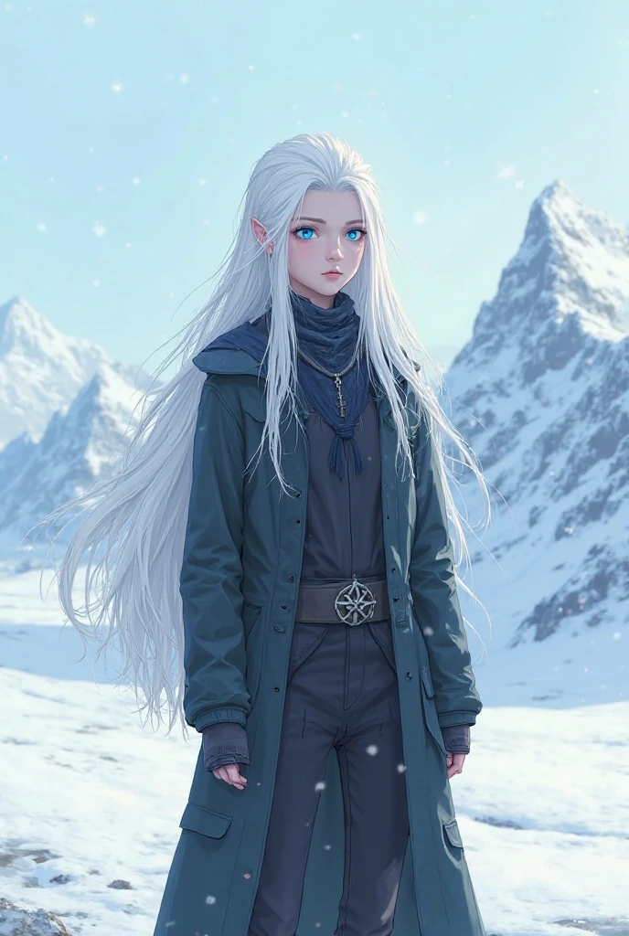 Ice elf , girl, white hair, unadorned , dark coat and dark scout ...