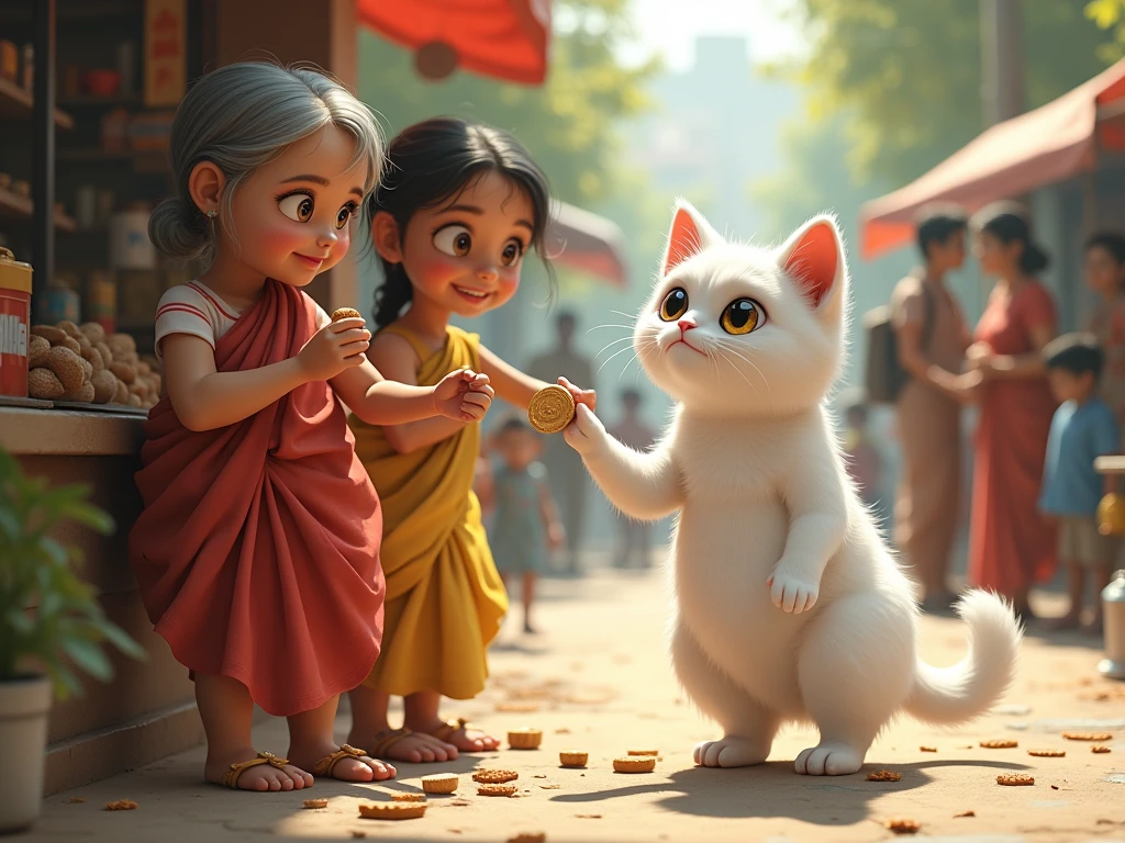 "A white, bipedal cat with soft fur and bright eyes is standing near a ...