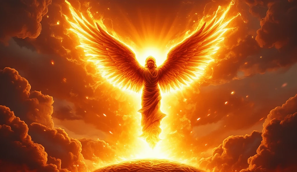 A majestic seraphim with six wings covered in sacred fire, floating ...