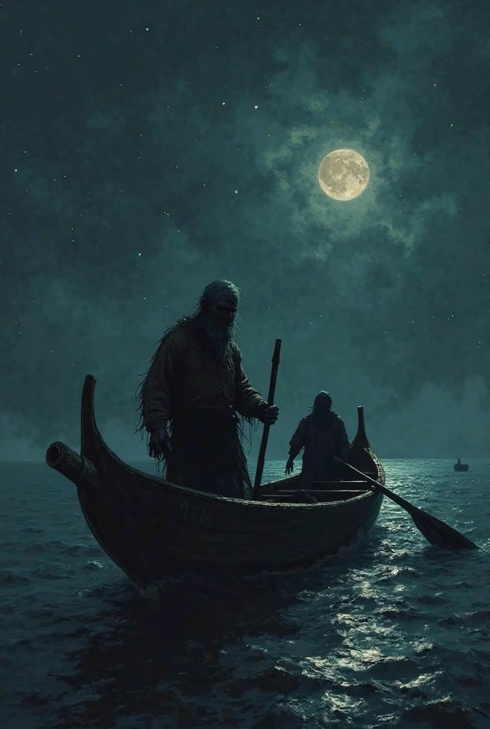 Create me an evil fisherman who sailed across the water in a small ...