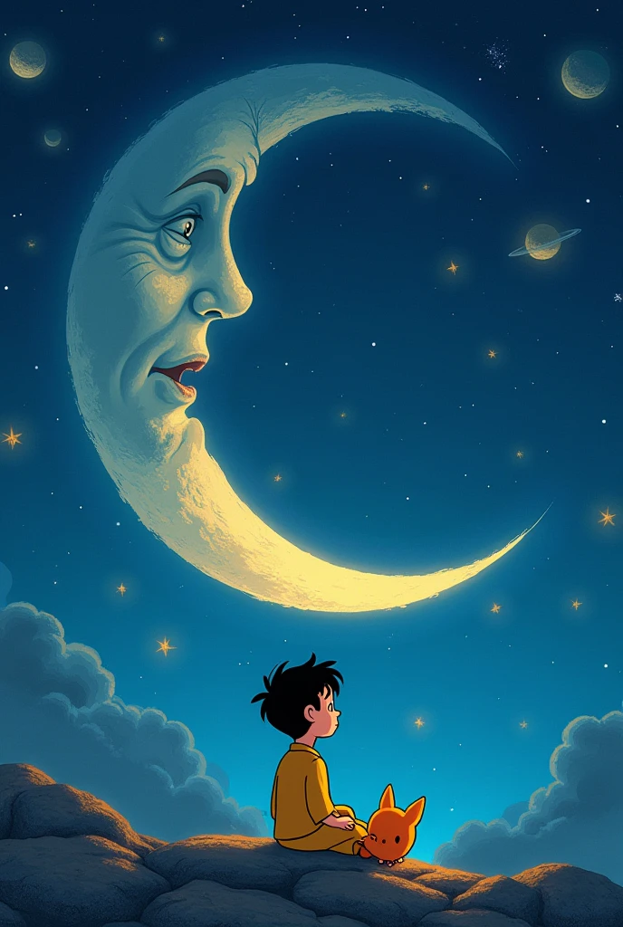 Create me an image referencing to little prince with fox seating in a ...