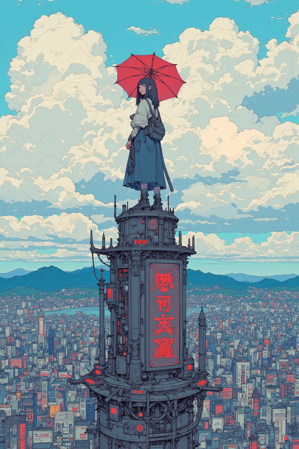 A woman with a parasol on top of a tower overlooking the city - SeaArt AI