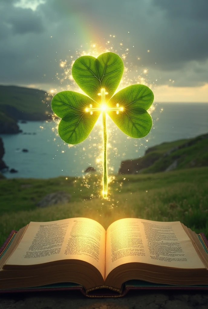 A mystical image of a glowing shamrock with a cross in its center ...