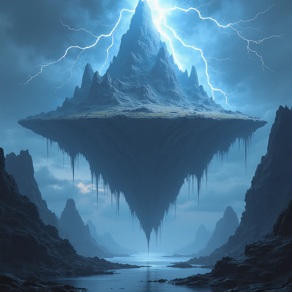 The float huge continent in fantasy world. Lightning strikes all around ...