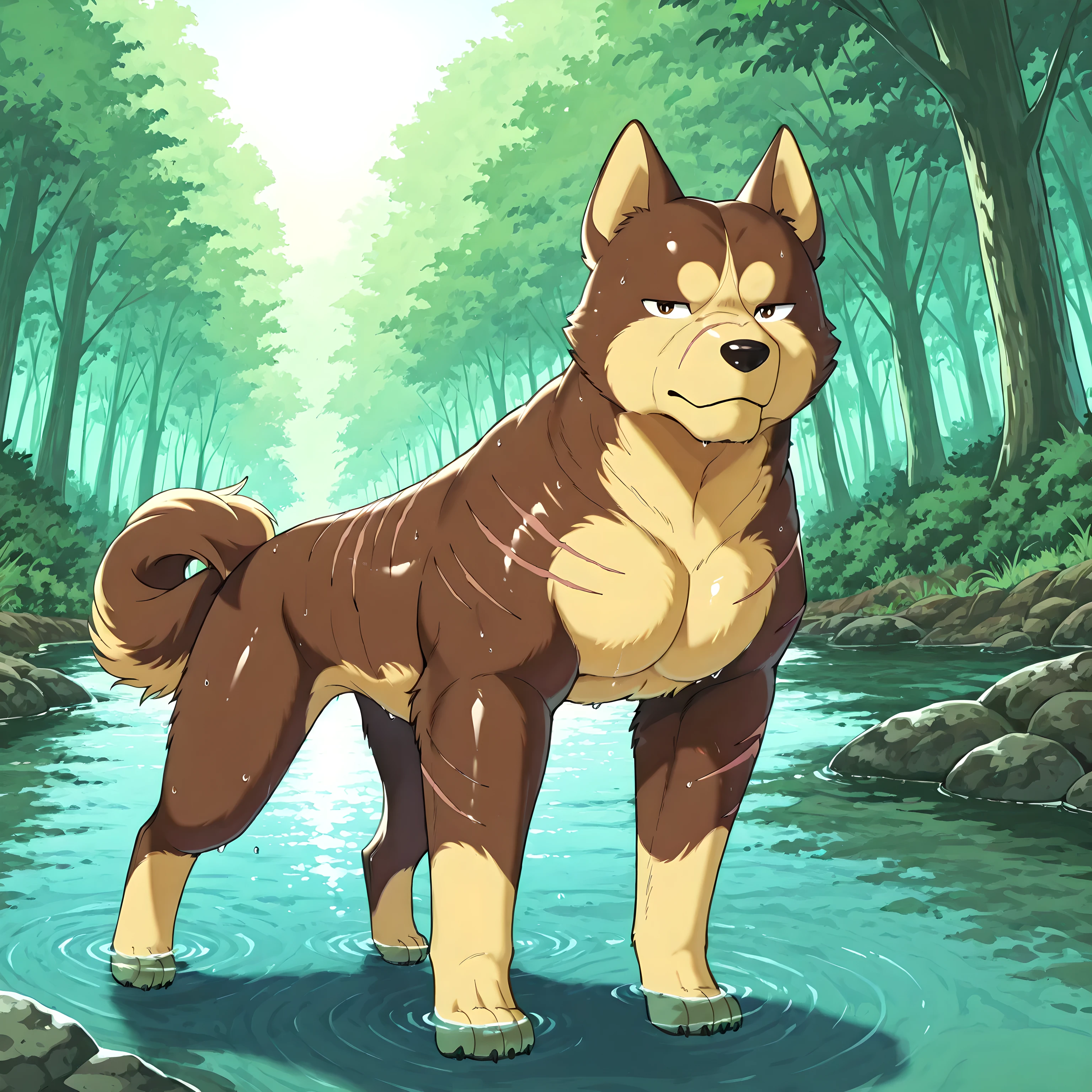 Anime dog standing in a stream of water in a forest - SeaArt AI